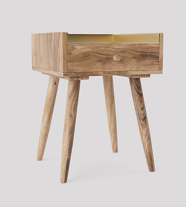 Fresco Scandi Style Side Table in Natural Oak & Brass | Swoon