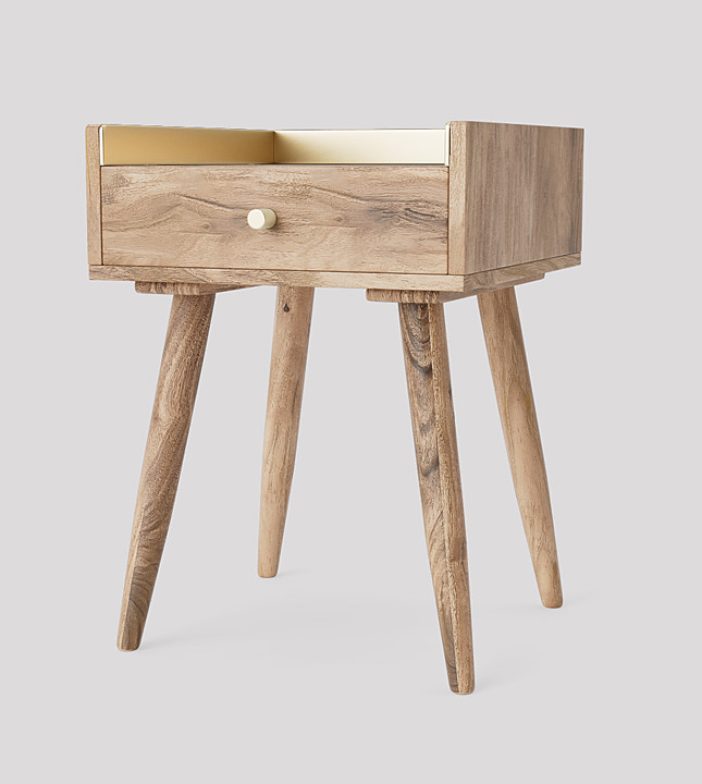 Fresco Scandi Style Side Table in Natural Oak & Brass | Swoon