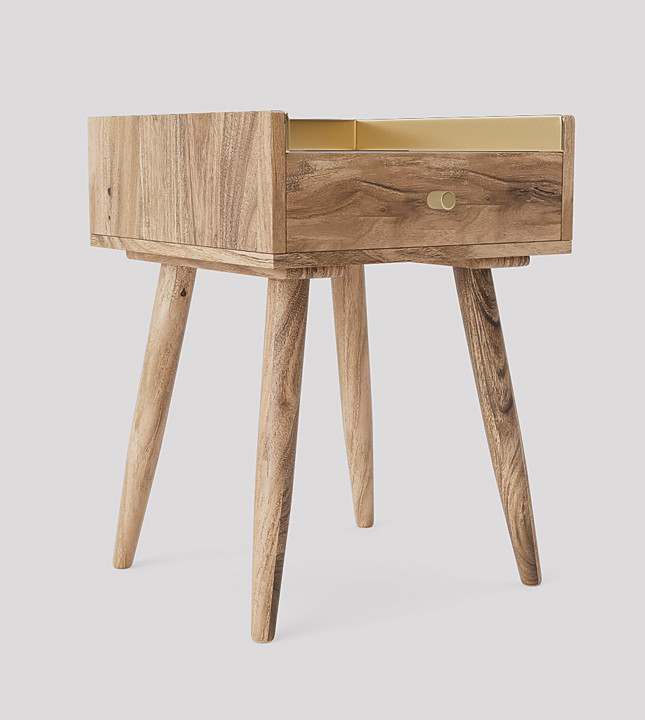 Fresco Scandi Style Side Table in Natural Oak & Brass | Swoon